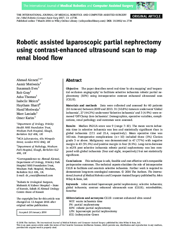 (PDF) Robotic assisted laparoscopic partial nephrectomy using contrast-enhanced ultrasound scan ...