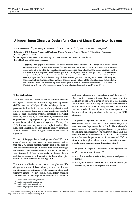 Pdf Unknown Input Observer Design For A Class Of Linear Descriptor Systems