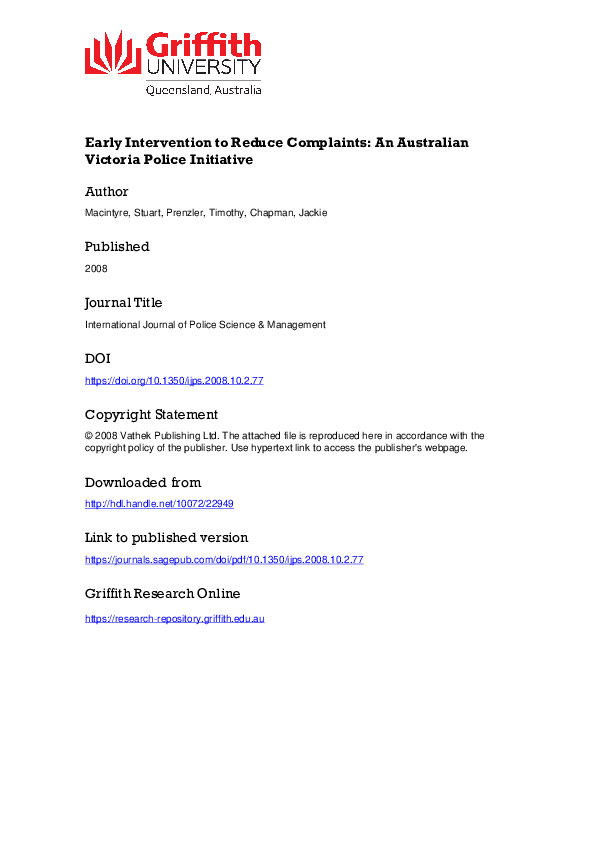 (PDF) Early intervention to reduce complaints: an Australian Victoria ...