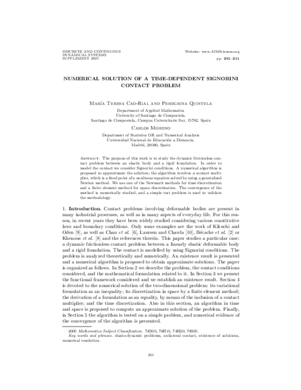 (PDF) Numerical Solution of a Time-Dependent Signorini Contact Problem