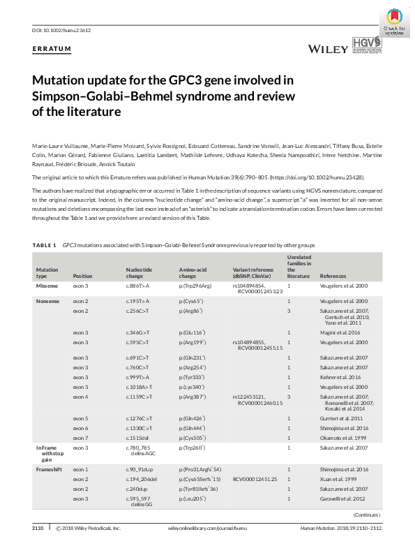 (PDF) Mutation update for the GPC3 gene involved in Simpson-Golabi ...