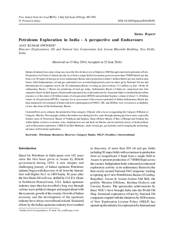 (PDF) Petroleum Exploration in India - A perspective and Endeavours