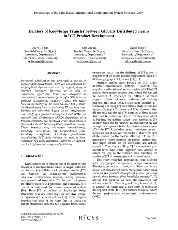 (PDF) Barriers of Knowledge Transfer between Globally Distributed Teams ...