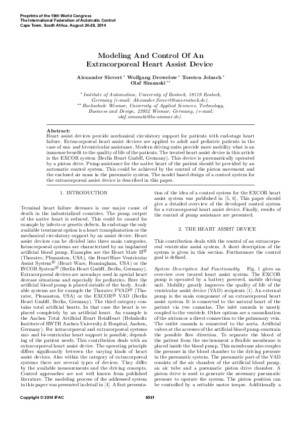 (PDF) Modeling and Control of an Extracorporeal Heart Assist Device ...