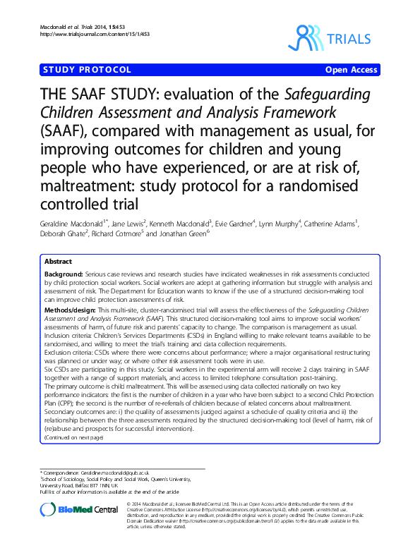 (PDF) Evaluating SAAF for Child Protection Outcomes