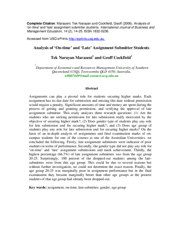 (PDF) Analysis of 'on-time' and 'late' assignment submitter students