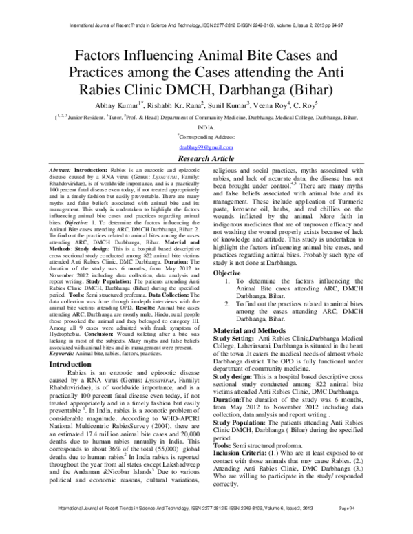 (PDF) Factors Influencing Animal Bite Cases and Practices among the Cases attending the Anti ...