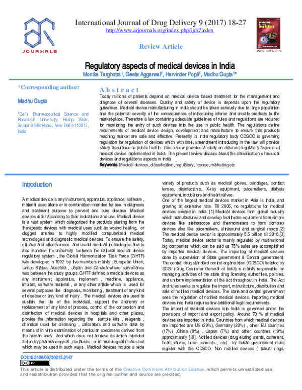 (PDF) Regulatory aspects of medical devices in India (PDF) Regulatory aspects of medical devices in India
