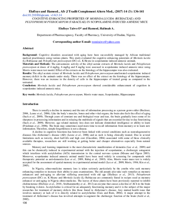 (PDF) Cognitive Enhancing Properties of Morinda Lucida (Rubiaceae) and Peltophorum Pterocarpum ...