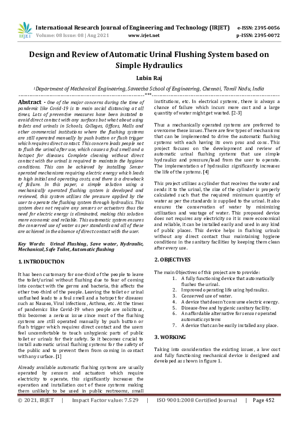 (PDF) IRJET- Design and Review of Automatic Urinal Flushing System based on Simple Hydraulics