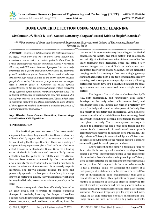 Pdf Irjet Bone Cancer Detection Using Machine Learning 1187