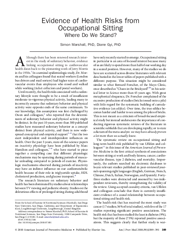 (PDF) Evidence of health risks from occupational sitting: where do we ...