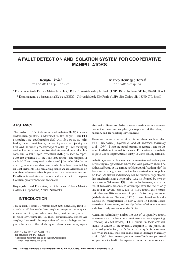 Pdf A Fault Detection And Isolation System For Cooperative Manipulators