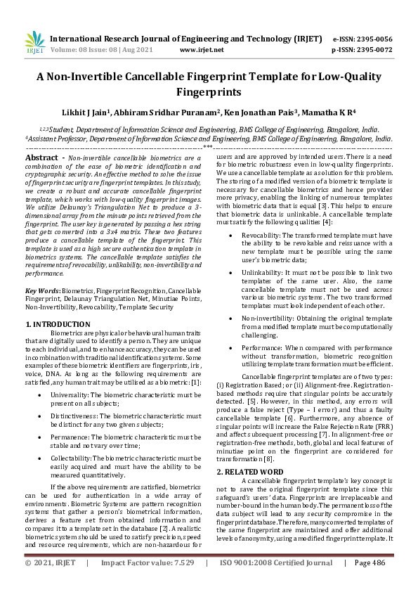 (PDF) IRJET- A Non-Invertible Cancellable Fingerprint Template for Low-Quality Fingerprints