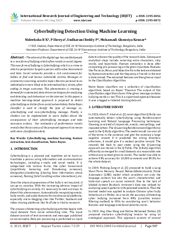 (PDF) IRJET- Cyberbullying Detection Using Machine Learning
