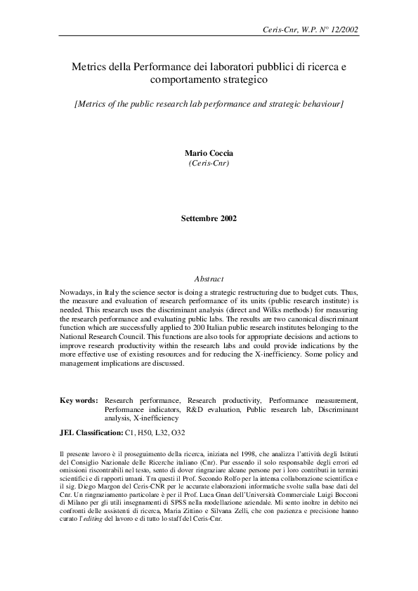 (PDF) Metrics of the public research lab performance and strategic ...