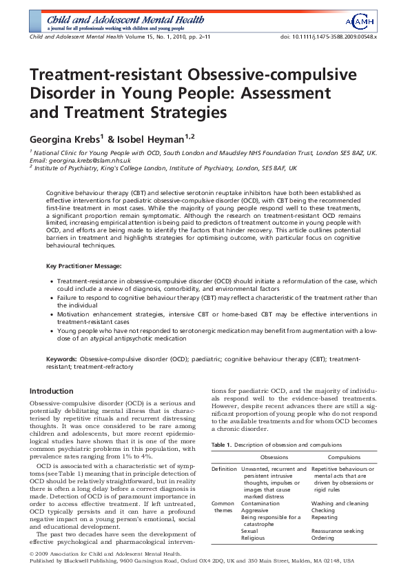 (PDF) Treatment-resistant Obsessive-compulsive Disorder in Young People: Assessment and ...