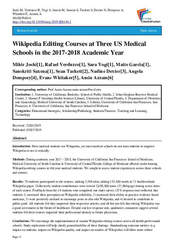 (PDF) Wikipedia Editing Courses at Three US Medical Schools in the 2017 ...
