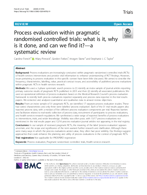 Pdf Process Evaluation Within Pragmatic Randomised Controlled Trials