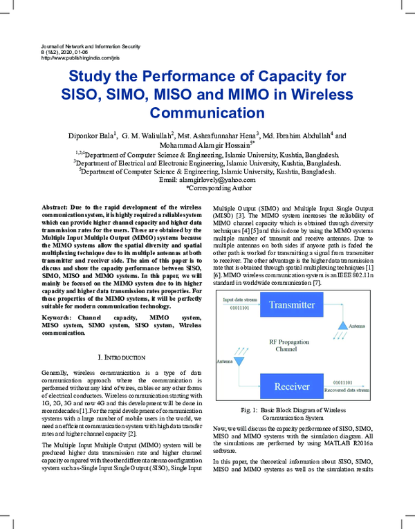 (PDF) Study the Performance of Capacity for SISO, SIMO, MISO and MIMO ...