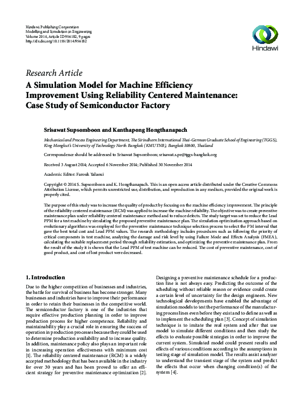(PDF) A Simulation Model for Machine Efficiency Improvement Using Reliability Centered ...