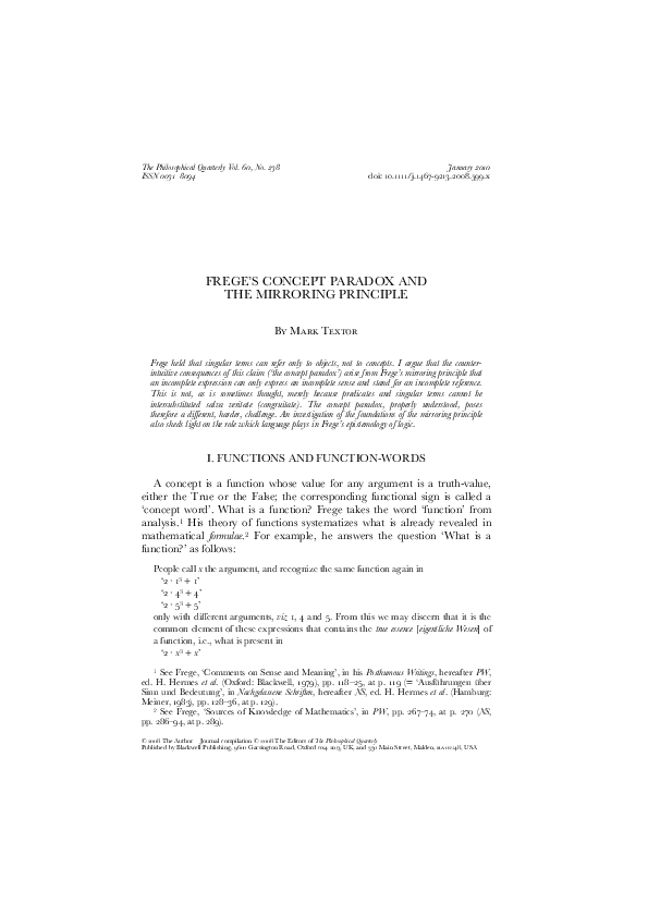 (PDF) Frege's Concept Paradox and the Mirroring Principle | Mark Textor ...