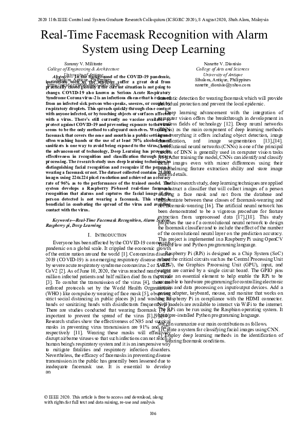 (PDF) Real-Time Facemask Recognition with Alarm System using Deep Learning
