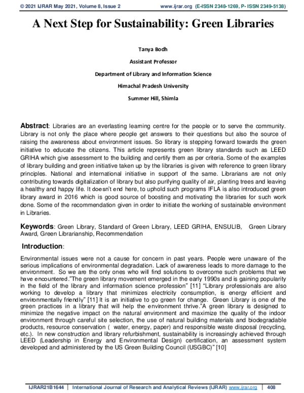 (PDF) A Next Step for Sustainability: Green Libraries
