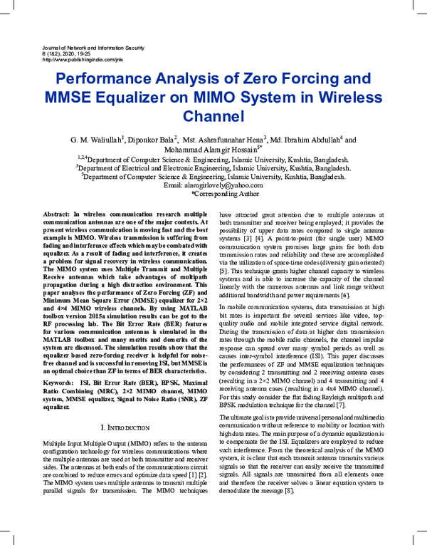 (PDF) Performance Analysis of Zero Forcing and MMSE Equalizer on MIMO System in Wireless Channel