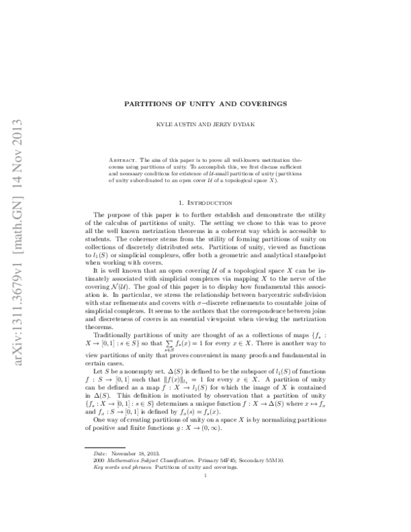 (PDF) Partitions of unity and coverings
