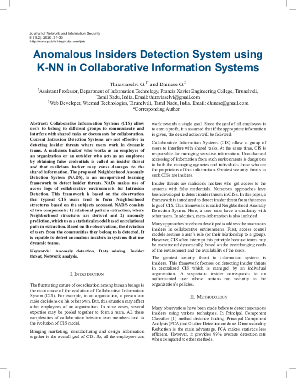 (PDF) Anomalous Insiders Detection System using K-NN in Collaborative ...