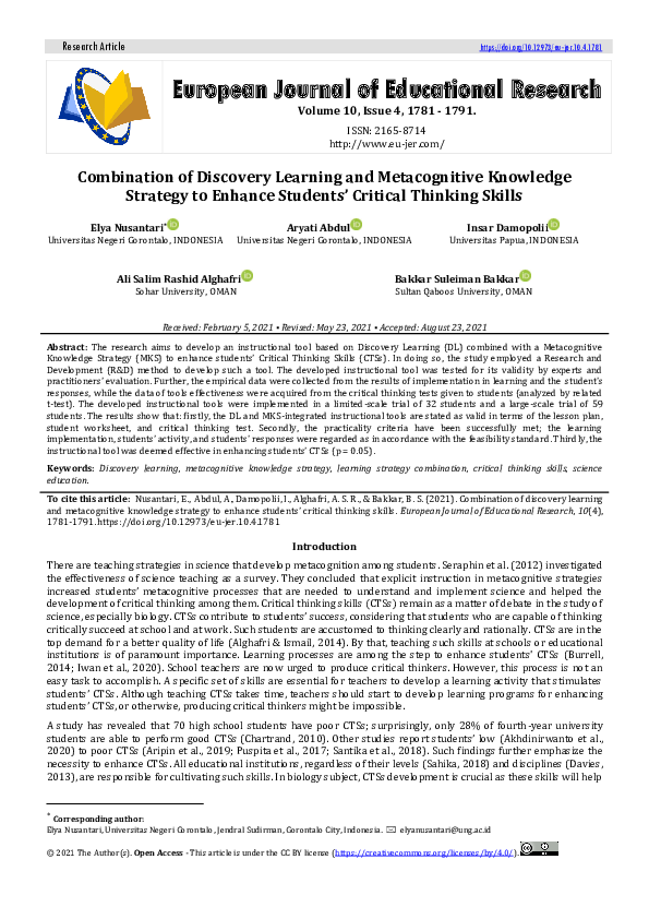 (PDF) Combination of Discovery Learning and Metacognitive Knowledge Strategy to Enhance Students ...