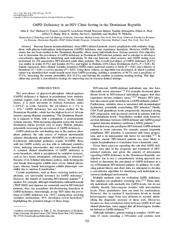 (PDF) G6PD Deficiency in an HIV Clinic Setting in the Dominican ...