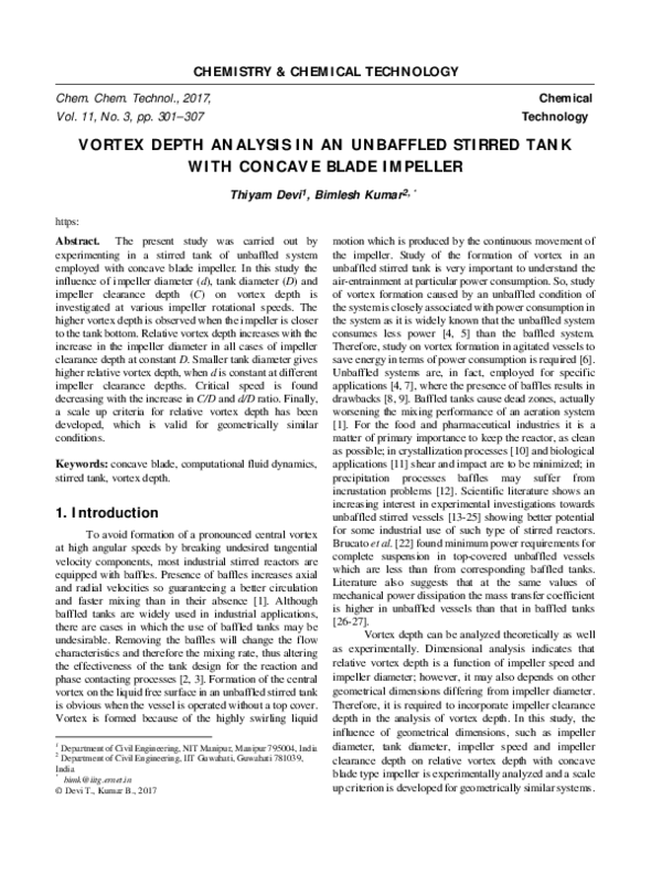 (PDF) Vortex Depth Analysis in an Unbaffled Stirred Tank with Concave ...