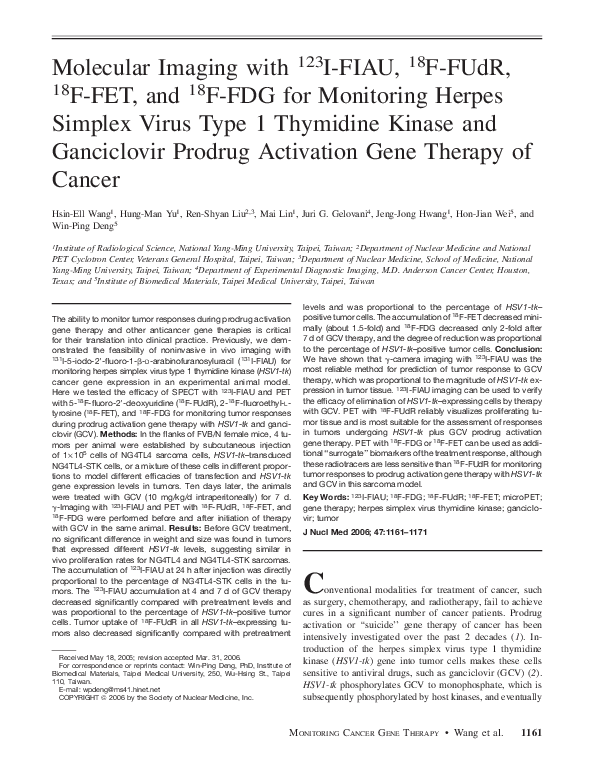 (PDF) Molecular Imaging with 123I-FIAU, 18F-FUdR, 18F-FET, and 18F-FDG ...