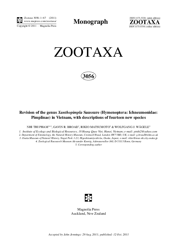 (PDF) Revision of the genus Xanthopimpla Saussure (Hymenoptera ...