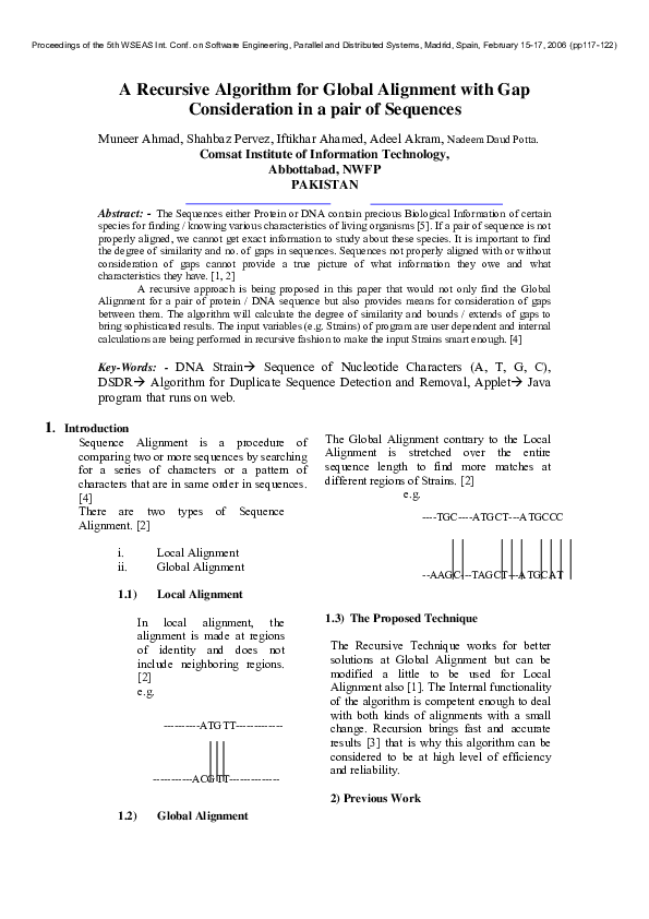 (PDF) A recursive algorithm for global alignment with gap consideration in a pair of sequences