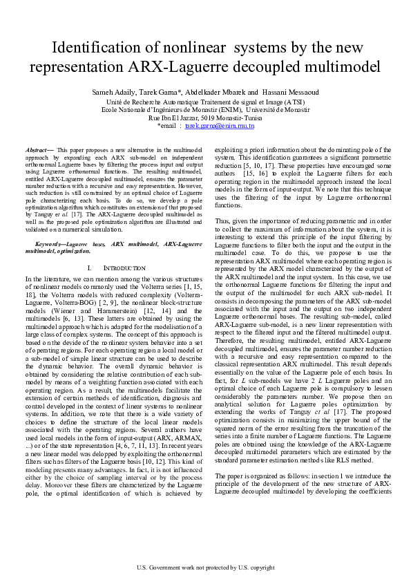 Pdf Identification Of Nonlinear Systems By The New Representation Arx Laguerre Decoupled