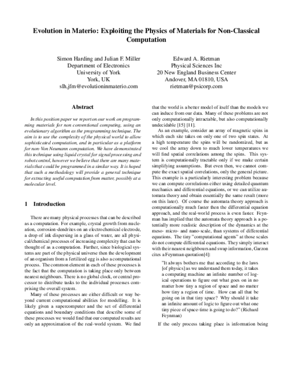 Pdf Evolution In Materio Exploiting The Physics Of Materials For Computation