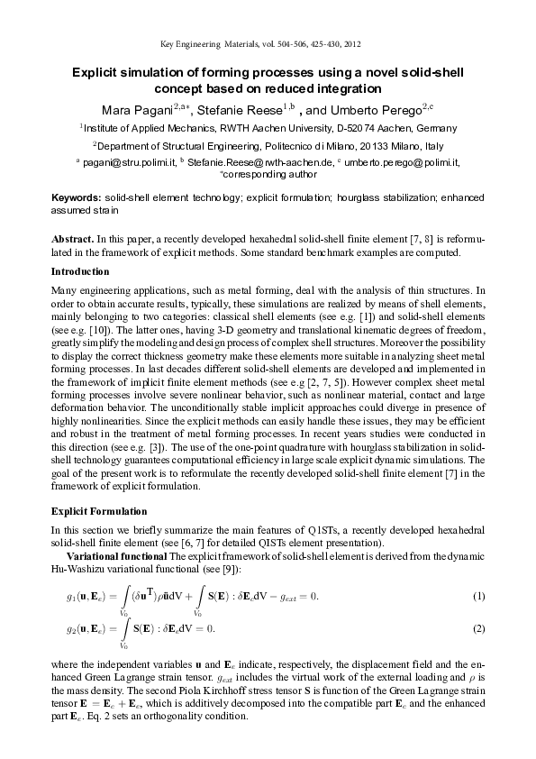(PDF) Explicit Simulation of Forming Processes Using a Novel Solid-Shell Concept Based on ...