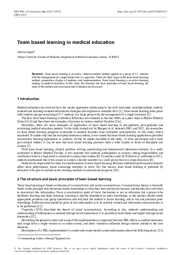 (PDF) Team based learning in medical education