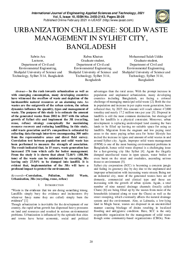 (PDF) Urbanization Challenge: Solid Waste Management in Sylhet City ...