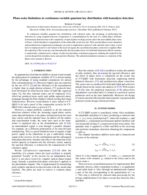 (PDF) Phase-noise limitations in continuous-variable quantum key distribution with homodyne ...
