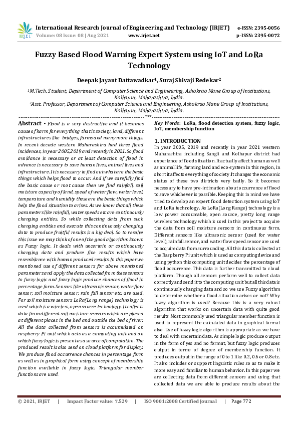 Pdf Fuzzy Based Flood Warning Expert System Using Iot And Lora Technology
