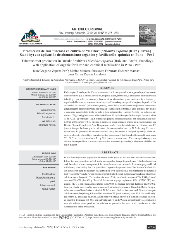 (PDF) Producción de raíz tuberosa en cultivo de “mauka” (Mirabilis ...