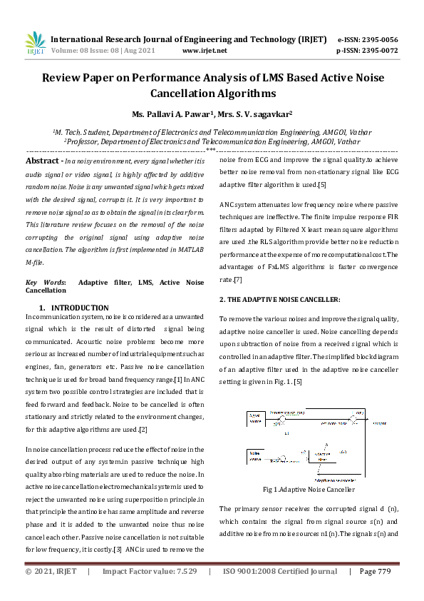 (PDF) IRJET- Review Paper on Performance Analysis of LMS based Active ...