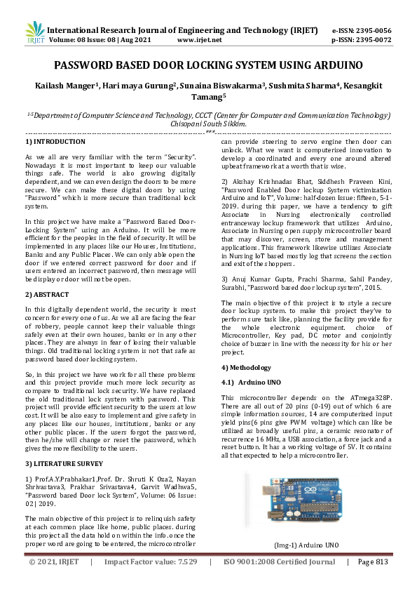 (PDF) IRJET- PASSWORD BASED DOOR LOCKING SYSTEM USING ARDUINO
