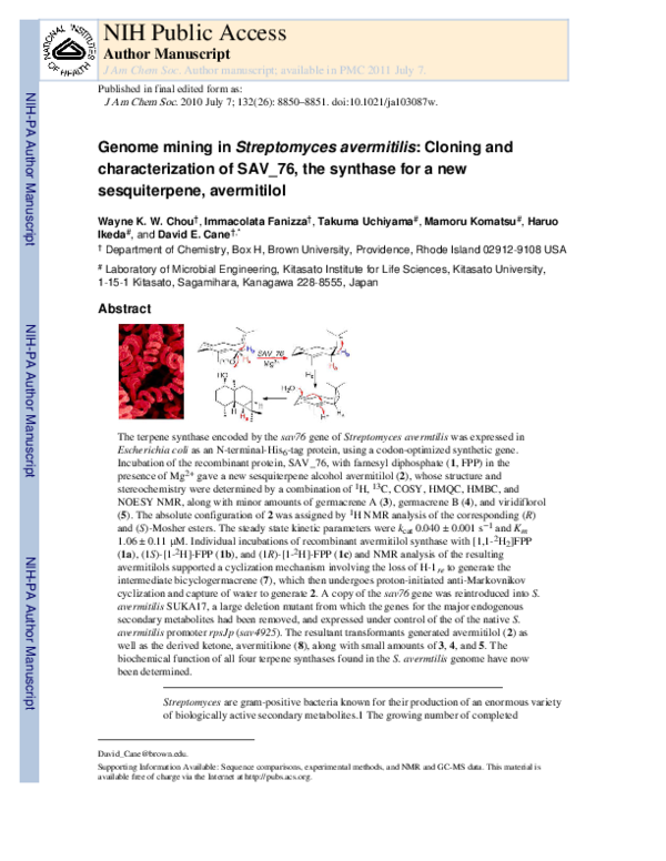 (PDF) Genome Mining in Streptomyces avermitilis : Cloning and Characterization of SAV_76, the ...