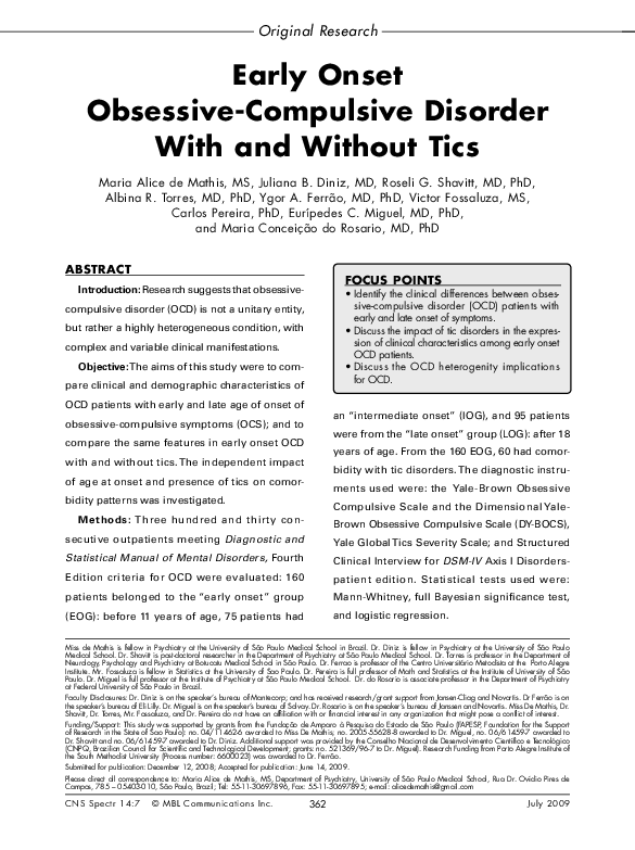 (PDF) Early onset obsessive-compulsive disorder with and without tics