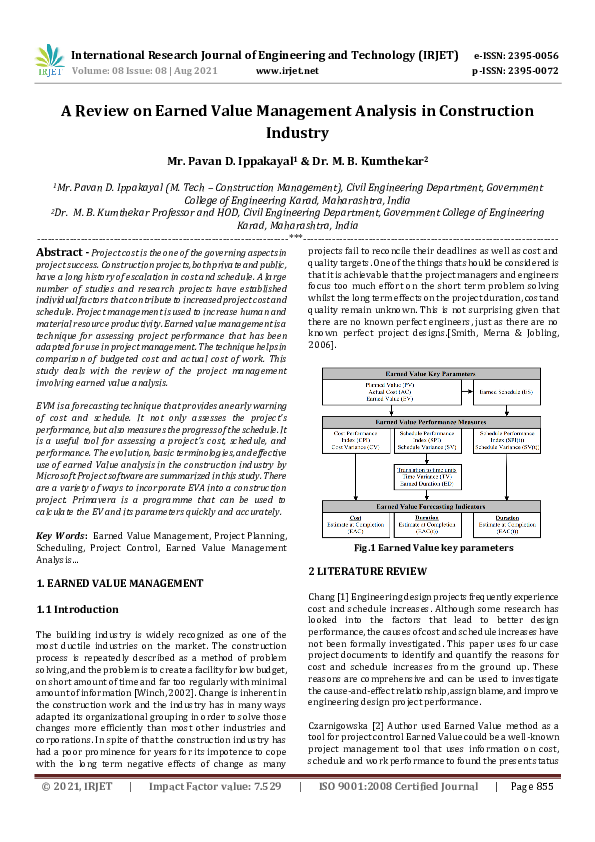 (PDF) A Review on Earned Value Management Analysis in Construction Industry